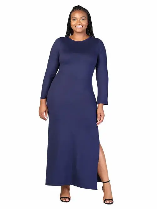 24SEVEN COMFORT APPAREL Long Sleeve Fitted Maxi Dress With Slit - Navy