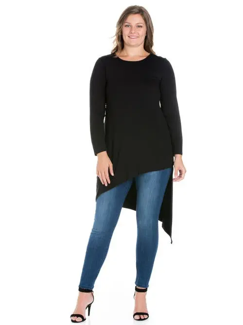 24SEVEN COMFORT APPAREL Long Sleeve Knee Length Asymmetrical Tunic Top - Black