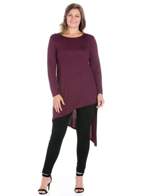 24SEVEN COMFORT APPAREL Long Sleeve Knee Length Asymmetrical Tunic Top - Plum