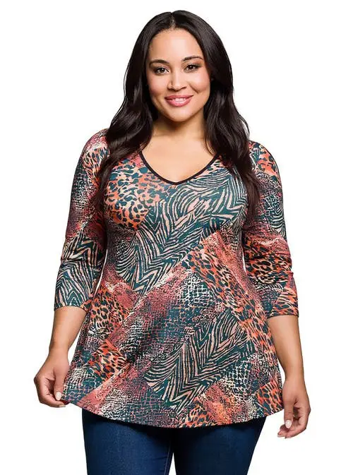 24SEVEN COMFORT APPAREL Animal Print V-neck Tunic Top - Brown Multi