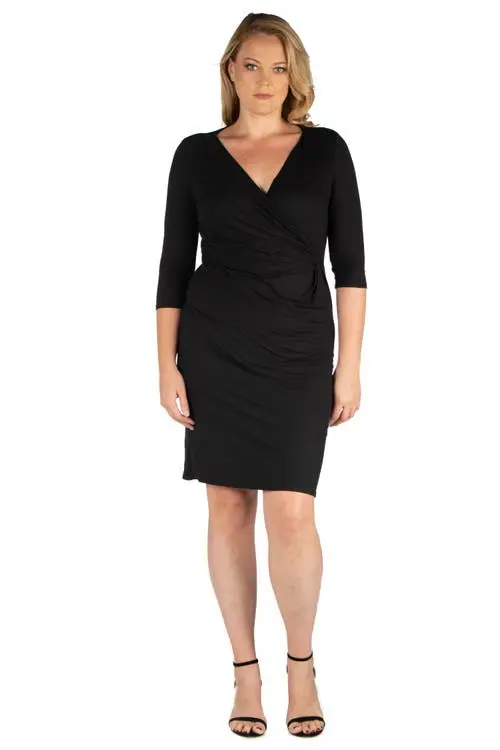 24SEVEN COMFORT APPAREL Knee Length V Neck Dress - Black
