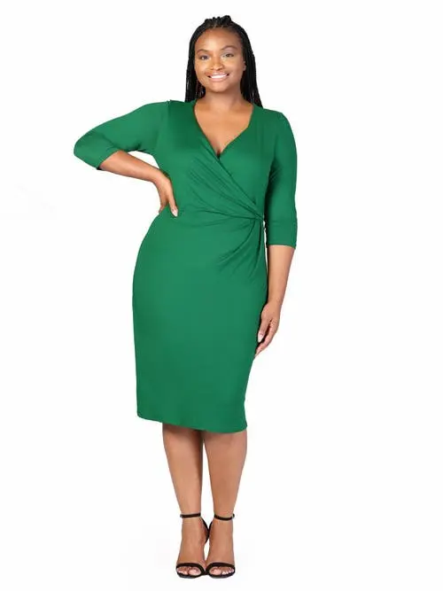 24SEVEN COMFORT APPAREL Knee Length V Neck Dress - Emerald