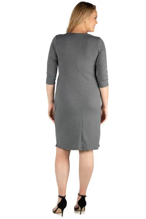 24SEVEN COMFORT APPAREL Knee Length V Neck Dress - Grey