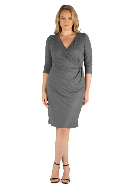24SEVEN COMFORT APPAREL Knee Length V Neck Dress - Grey