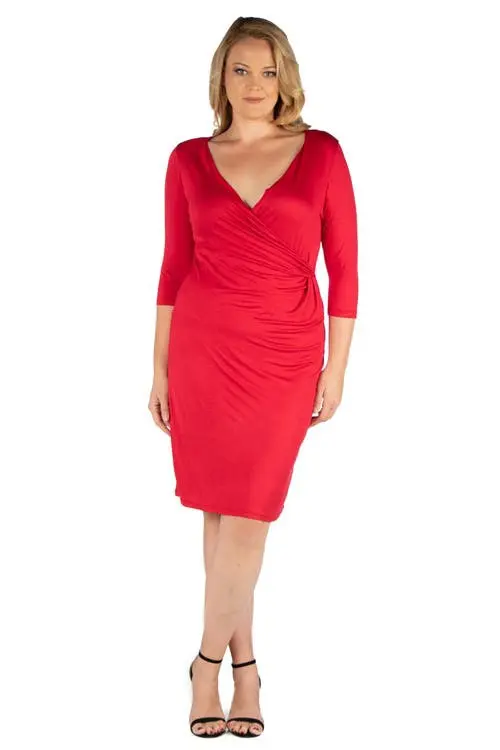 24SEVEN COMFORT APPAREL Knee Length V Neck Dress - Red