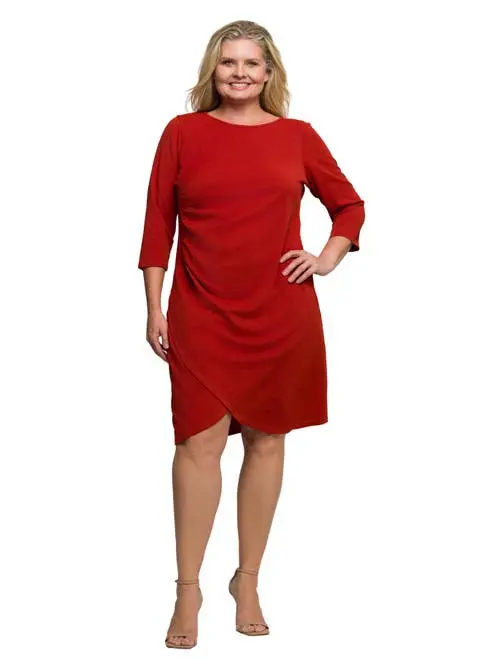 24SEVEN COMFORT APPAREL Three Quarter Sleeve Ruched Tulip Hem Mini Dress