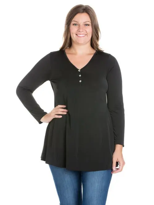24SEVEN COMFORT APPAREL Flared Long Sleeve Henley Tunic Top - Black