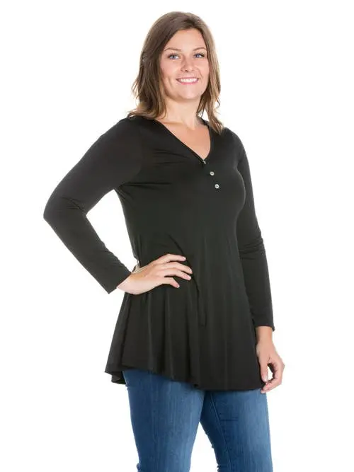 24SEVEN COMFORT APPAREL Flared Long Sleeve Henley Tunic Top - Black