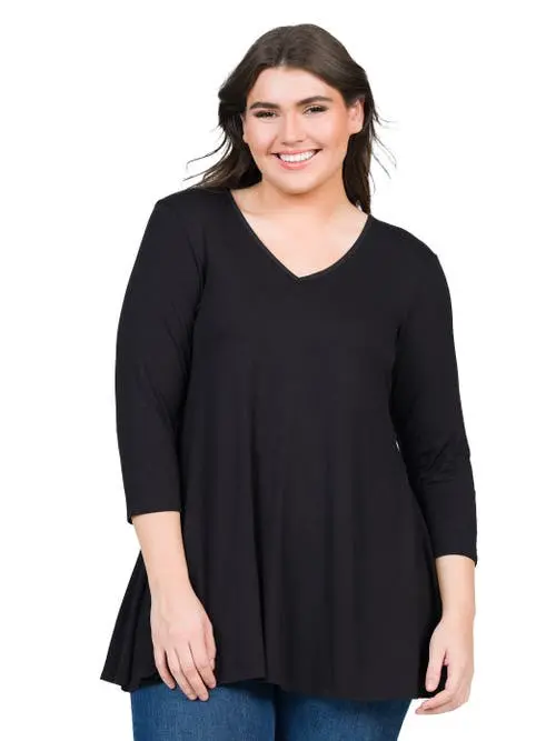 24SEVEN COMFORT APPAREL Three Quarter Sleeve V Neck Tunic Top - Black
