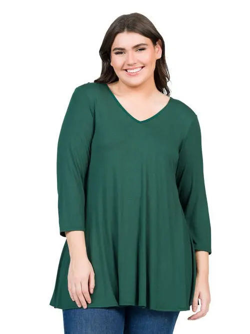 24SEVEN COMFORT APPAREL Three Quarter Sleeve V Neck Tunic Top - Forest