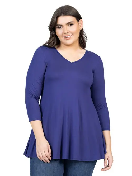 24SEVEN COMFORT APPAREL Three Quarter Sleeve V Neck Tunic Top - Navy
