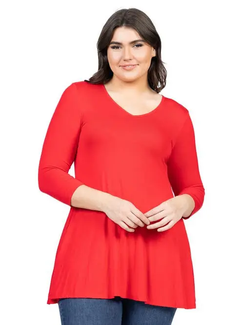24SEVEN COMFORT APPAREL Three Quarter Sleeve V Neck Tunic Top - Red