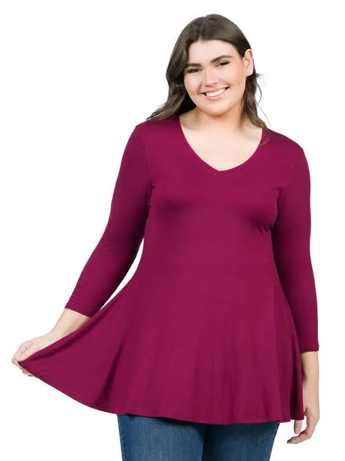 24SEVEN COMFORT APPAREL Three Quarter Sleeve V Neck Tunic Top - Wine