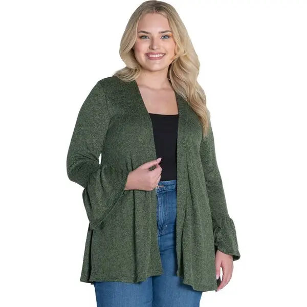 24SEVEN COMFORT APPAREL Knit Three Quarter Bell Sleeve Open Cardigan - Olive