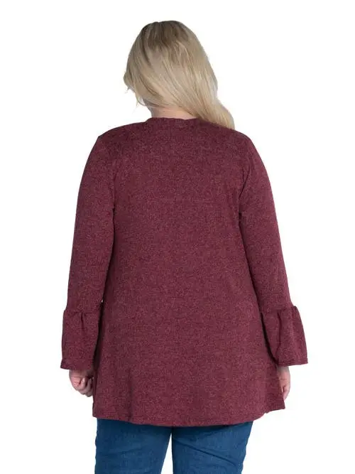 24SEVEN COMFORT APPAREL Knit Three Quarter Bell Sleeve Open Cardigan - Wine