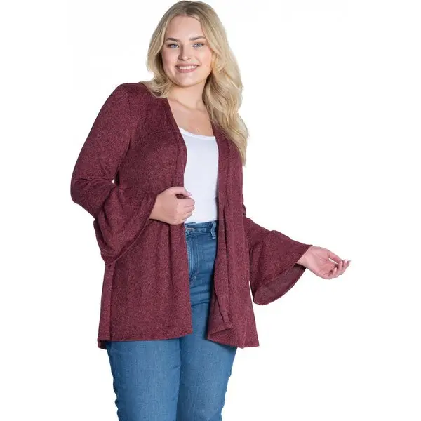24SEVEN COMFORT APPAREL Knit Three Quarter Bell Sleeve Open Cardigan - Wine
