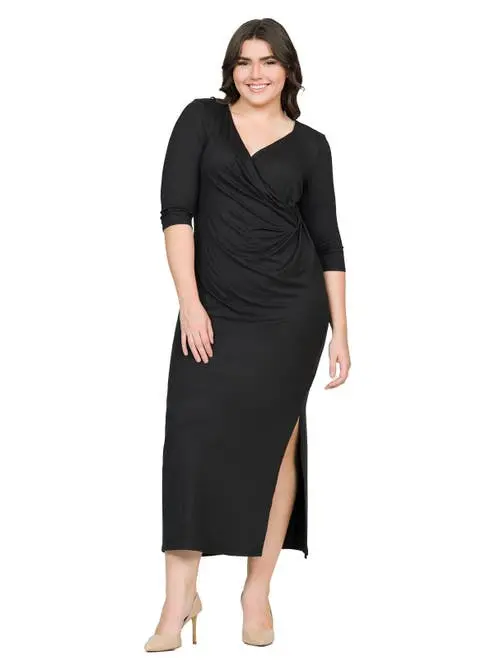 24SEVEN COMFORT APPAREL Fitted V-neck Maxi Dress With Slit - Black