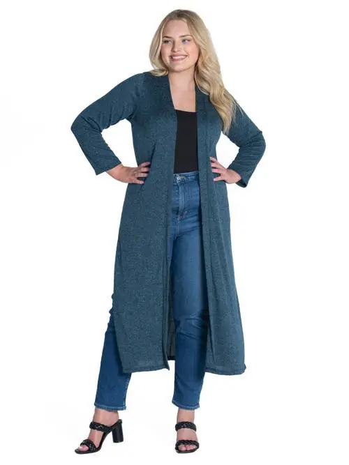 24SEVEN COMFORT APPAREL Open Front Long Duster Cardigan - Teal