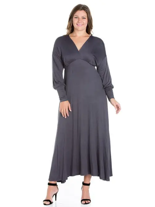 24SEVEN COMFORT APPAREL V-neck Long Sleeve Maxi Dress - Charcoal