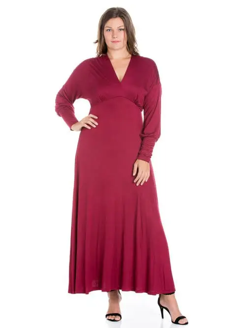 24SEVEN COMFORT APPAREL V-neck Long Sleeve Maxi Dress - Wine