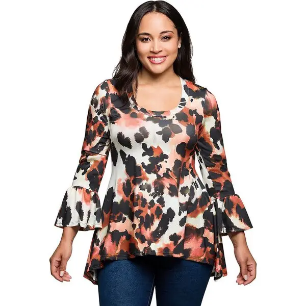 24SEVEN COMFORT APPAREL Scoop Neck Bell Sleeve Animal Print Tunic Top - Gray Multi