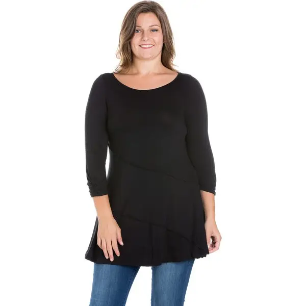 24SEVEN COMFORT APPAREL Ruched Sleeve Swing Tunic Top - Black