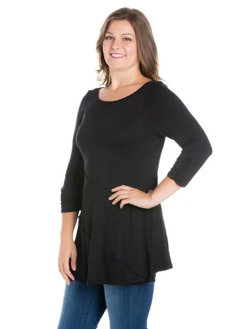 24SEVEN COMFORT APPAREL Ruched Sleeve Swing Tunic Top - Black