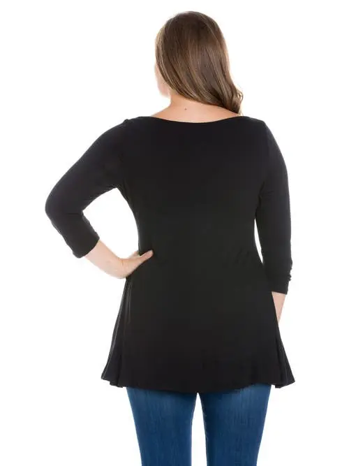 24SEVEN COMFORT APPAREL Ruched Sleeve Swing Tunic Top - Black