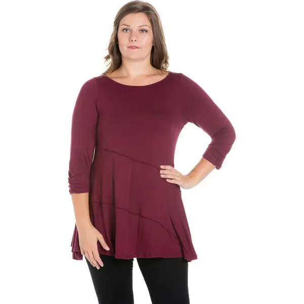 24SEVEN COMFORT APPAREL Ruched Sleeve Swing Tunic Top - Wine