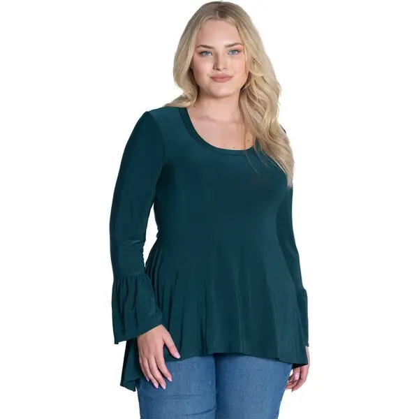 24SEVEN COMFORT APPAREL Long Bell Sleeve High Low Tunic Top - Hunter