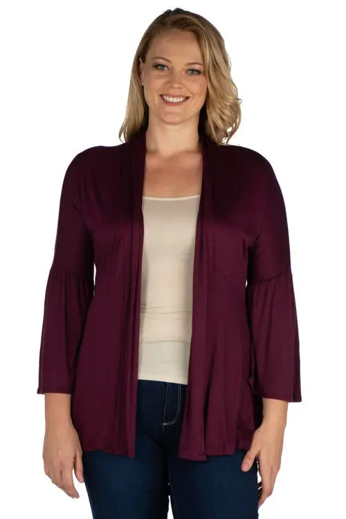 24SEVEN COMFORT APPAREL Bell Sleeve Flared Open Front Cardigan - Plum