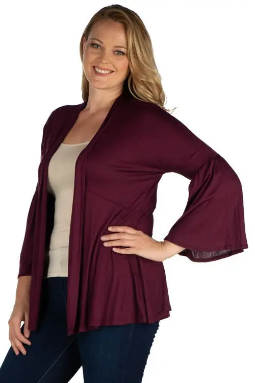 24SEVEN COMFORT APPAREL Bell Sleeve Flared Open Front Cardigan - Plum