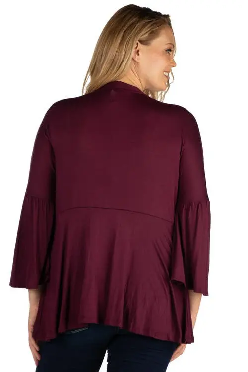 24SEVEN COMFORT APPAREL Bell Sleeve Flared Open Front Cardigan - Plum