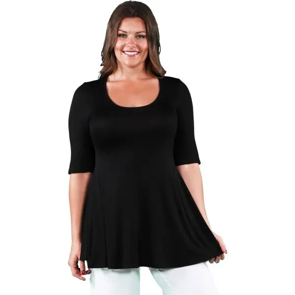 24SEVEN COMFORT APPAREL Elbow Sleeve Swing Tunic Top - Black