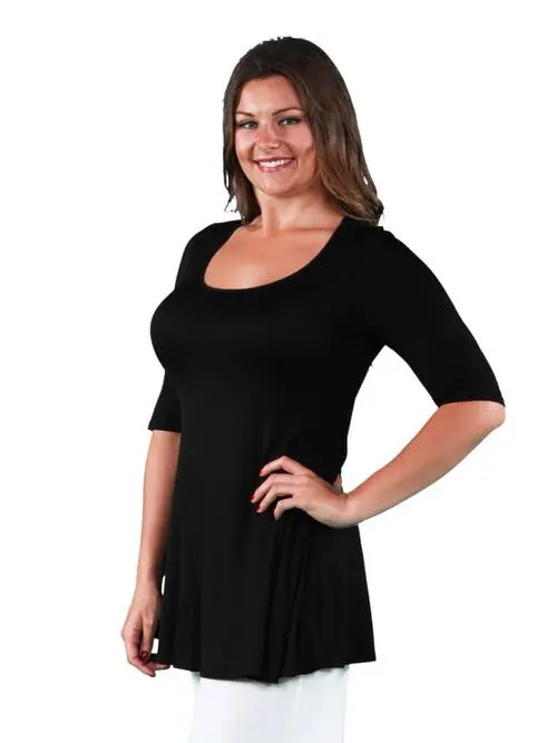 24SEVEN COMFORT APPAREL Elbow Sleeve Swing Tunic Top - Black