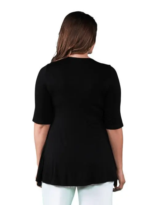 24SEVEN COMFORT APPAREL Elbow Sleeve Swing Tunic Top - Black