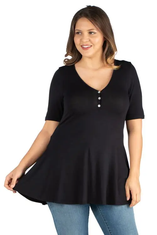 24SEVEN COMFORT APPAREL Elbow Sleeve Henley Tunic Top - Black