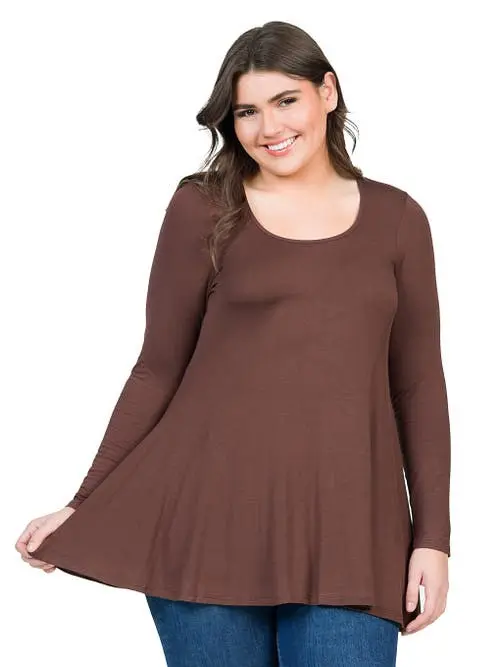 24SEVEN COMFORT APPAREL Long Sleeve Swing Tunic Top - Brown