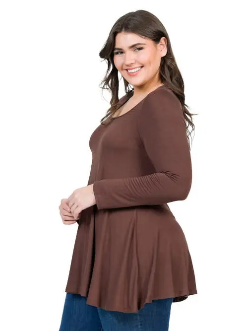 24SEVEN COMFORT APPAREL Long Sleeve Swing Tunic Top - Brown