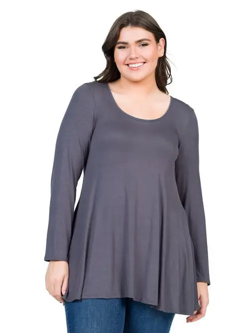 24SEVEN COMFORT APPAREL Long Sleeve Swing Tunic Top - Charcoal