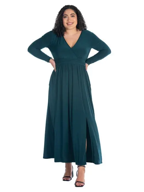 24SEVEN COMFORT APPAREL Long Sleeve V Neck Maxi Dress With Slit - Hunter