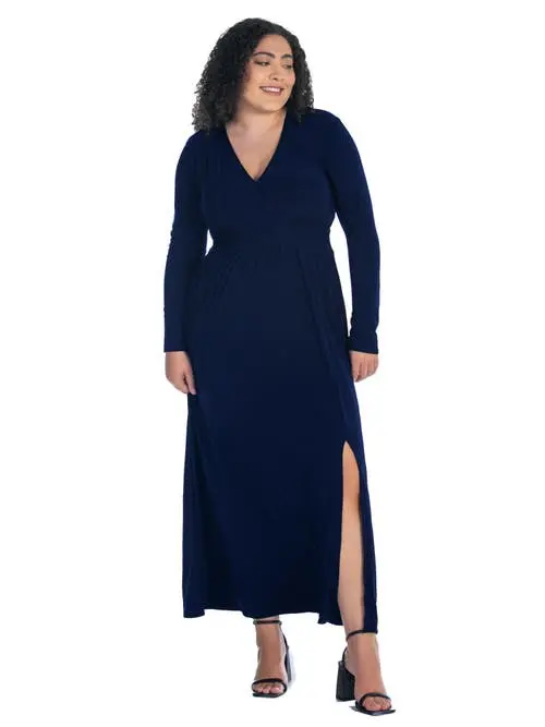 24SEVEN COMFORT APPAREL Long Sleeve V Neck Maxi Dress With Slit - Navy