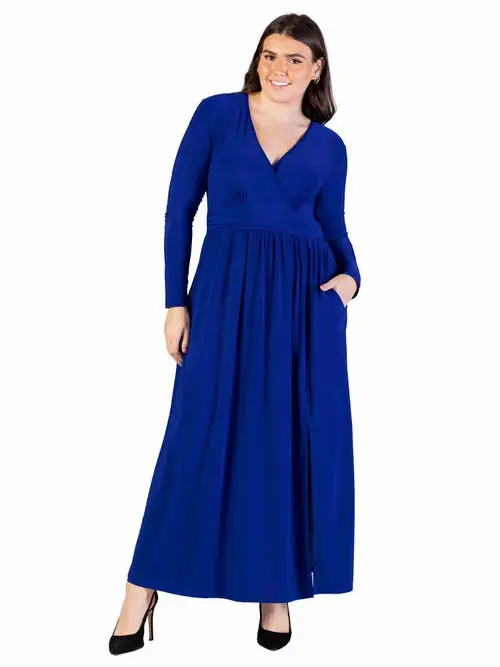 24SEVEN COMFORT APPAREL Long Sleeve V Neck Maxi Dress With Slit - Royal