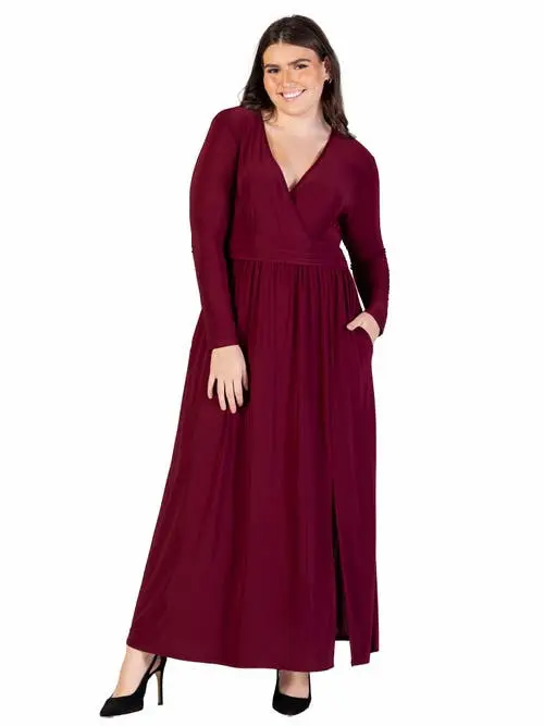24SEVEN COMFORT APPAREL Long Sleeve V Neck Maxi Dress With Slit - Wine