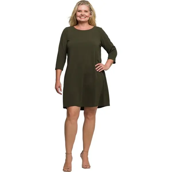 24SEVEN COMFORT APPAREL A-line Knee Length Dress With 3/4 Sleeves - Olive