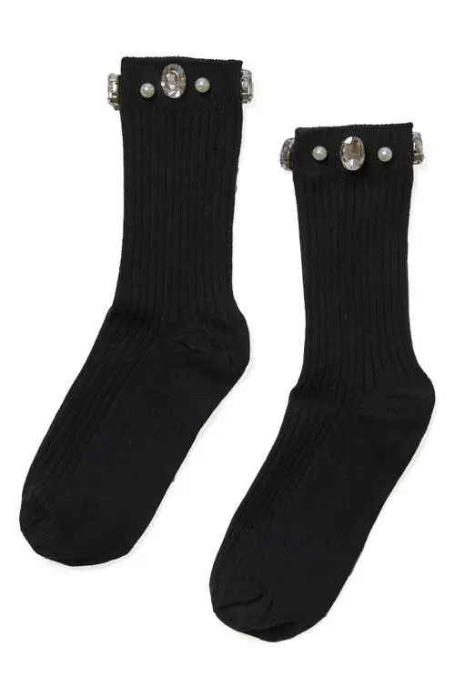 STEMS Crystal And Faux Pearl Embellished Ribbed Crew Socks - Black