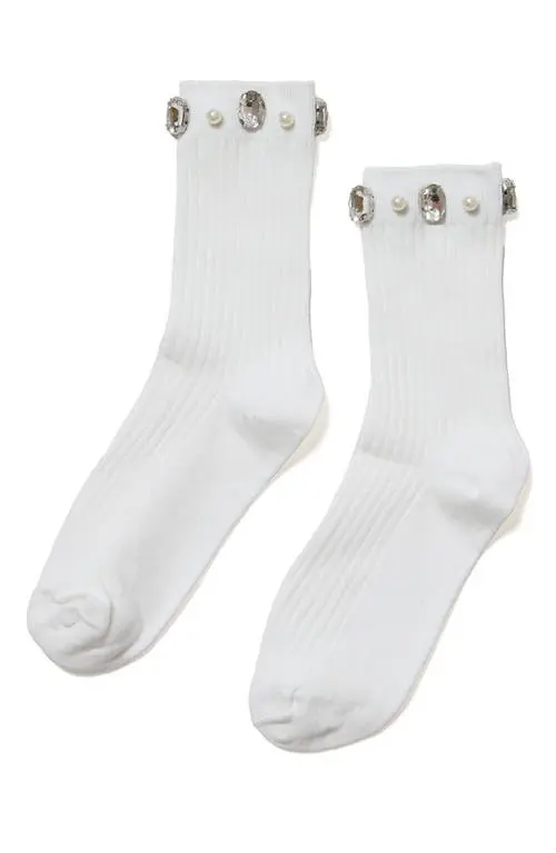 STEMS Crystal And Faux Pearl Embellished Ribbed Crew Socks - Cream