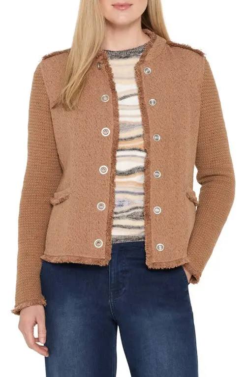 NIC+ZOE Mixed Knit Fringe Jacket - Ginger