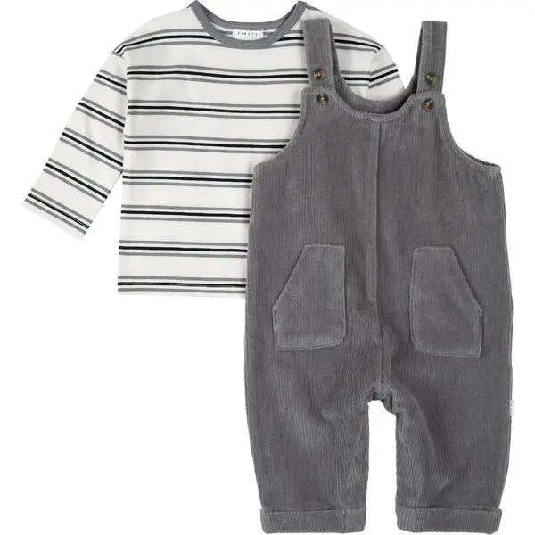 PETIT LEM Long Sleeve Top & Corduroy Overalls Set - Medium Grey
