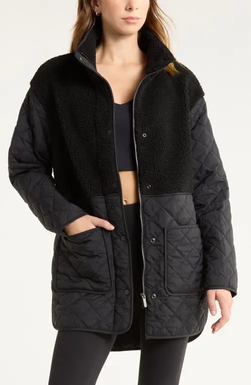 Zella Faux Shearling Hybrid Quilted Long Jacket - Black